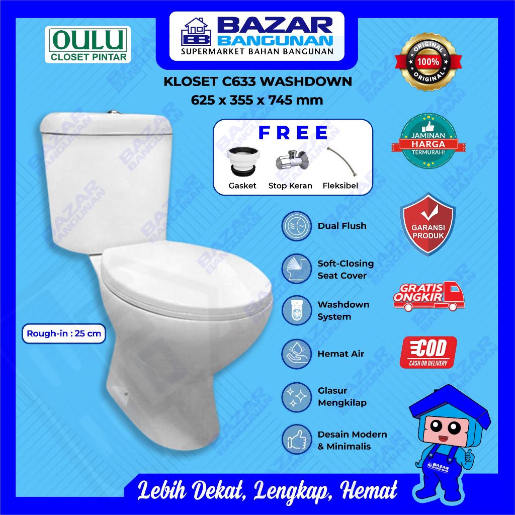 Jual Oulu - Closet Kloset Toilet Duduk C633 Two Piece Dual Flush Soft Close Closing Wash Down AS ...