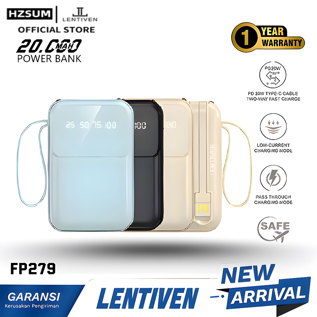 Jual HZSUM LENTIVEN Powerbank 20000mAH Mini 4 Kabel Built-in Type C ...