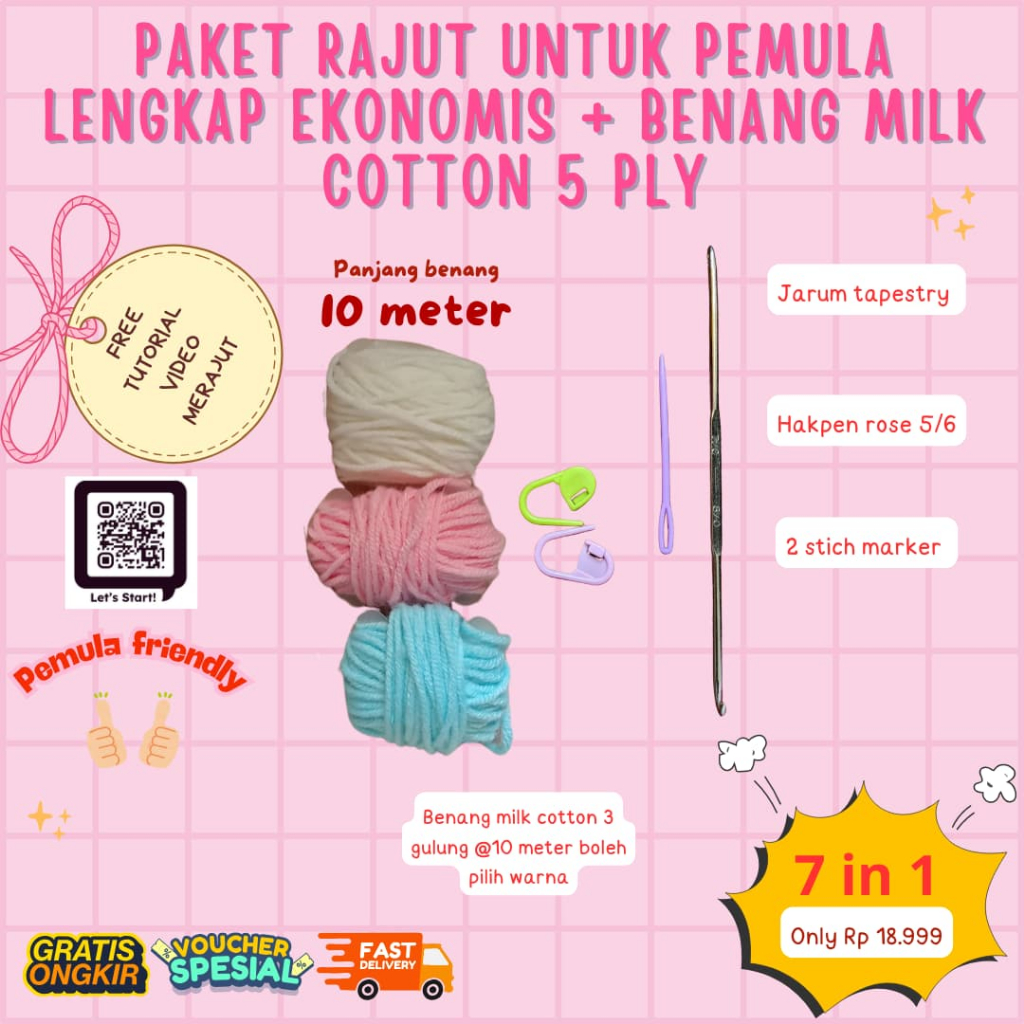 Jual [TERMURAH] READY PAKET ALAT RAJUT PEMULA FRIENDLY 7 IN 1 EKONOMIS ...