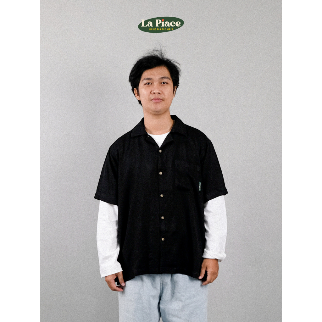 Jual Kemeja Lengan Pendek Open Collar Retro Vintage Hitam - La Piace ...