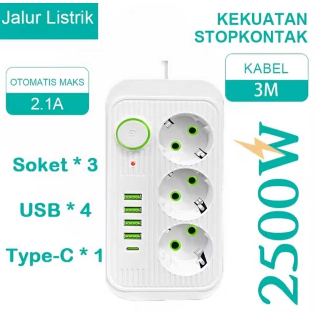 Jual PowerPort 2500W Stop kontak USB Kabel Serbaguna Multiguna Panjang kabel 3Meter dan 5Meter ...