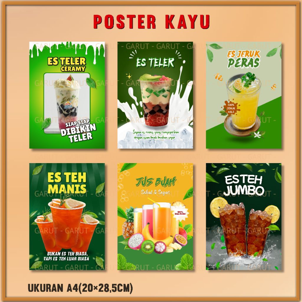 Jual poster kayu mdf menu minuman es teh manis es teler es jeruk hiasan ...