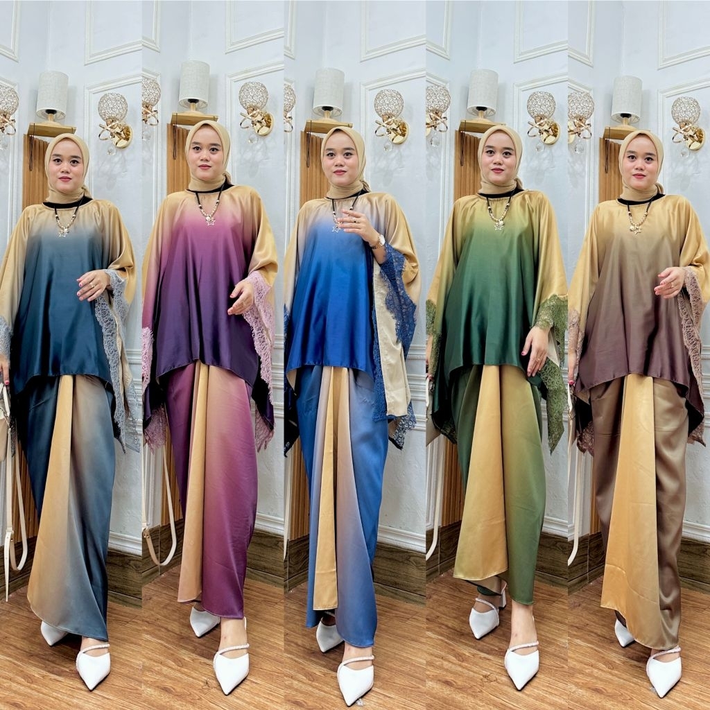 Jual Alina Dress Setelan Bahan Silk Ombre Mix Renda Gamis Gradasi Model ...