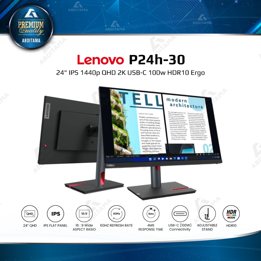 Jual Monitor LED Lenovo ThinkVision P24H-30 24" IPS 1440p QHD 2K HDMI 2 ...