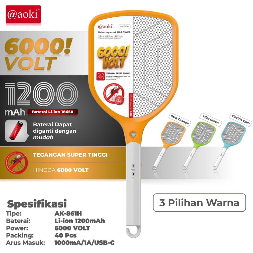 Jual Aoki Raket nyamuk AK-861H 6000! volt 1200mAh / aoki raket nyamuk charger AK-861H 6000! volt ...