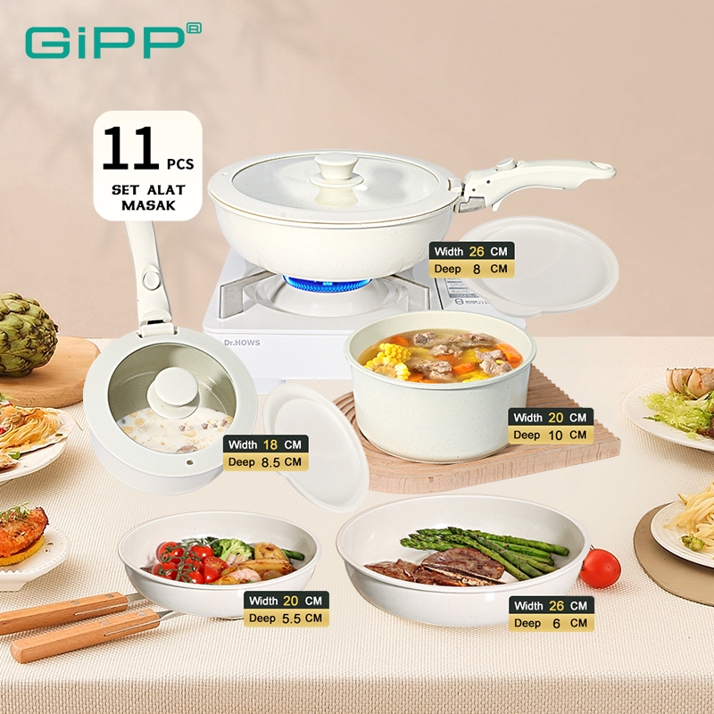 Jual GiPP 3/5/11pcs Removable Handle Cookware Set - Nonstick Wok Pan & Pots | Shopee Indonesia