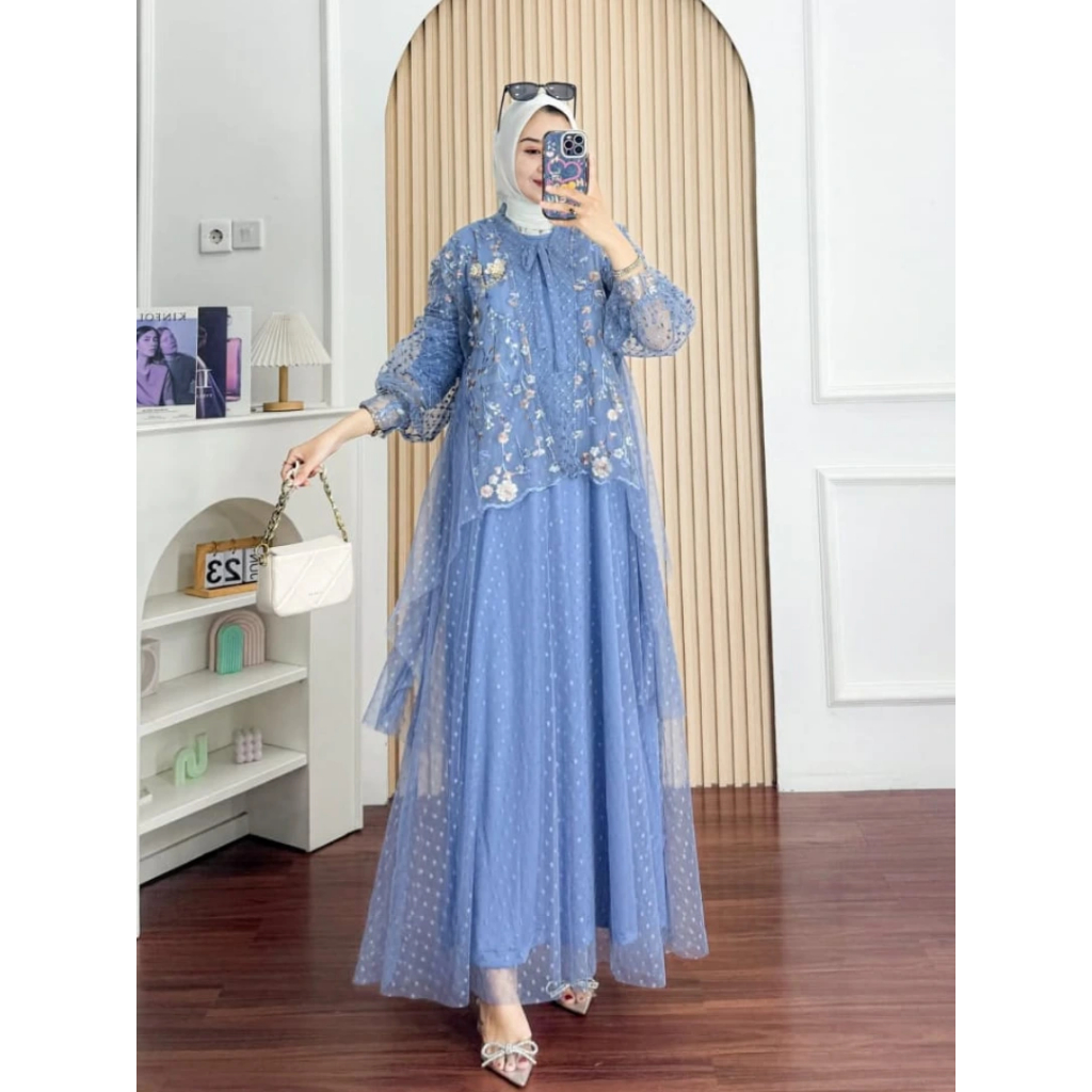 Jual Muthia Dress 2in1 Gamis Lebaran 2025 Model Gamis Terbaru Bahan Jersey Mix Brukat Tille ...