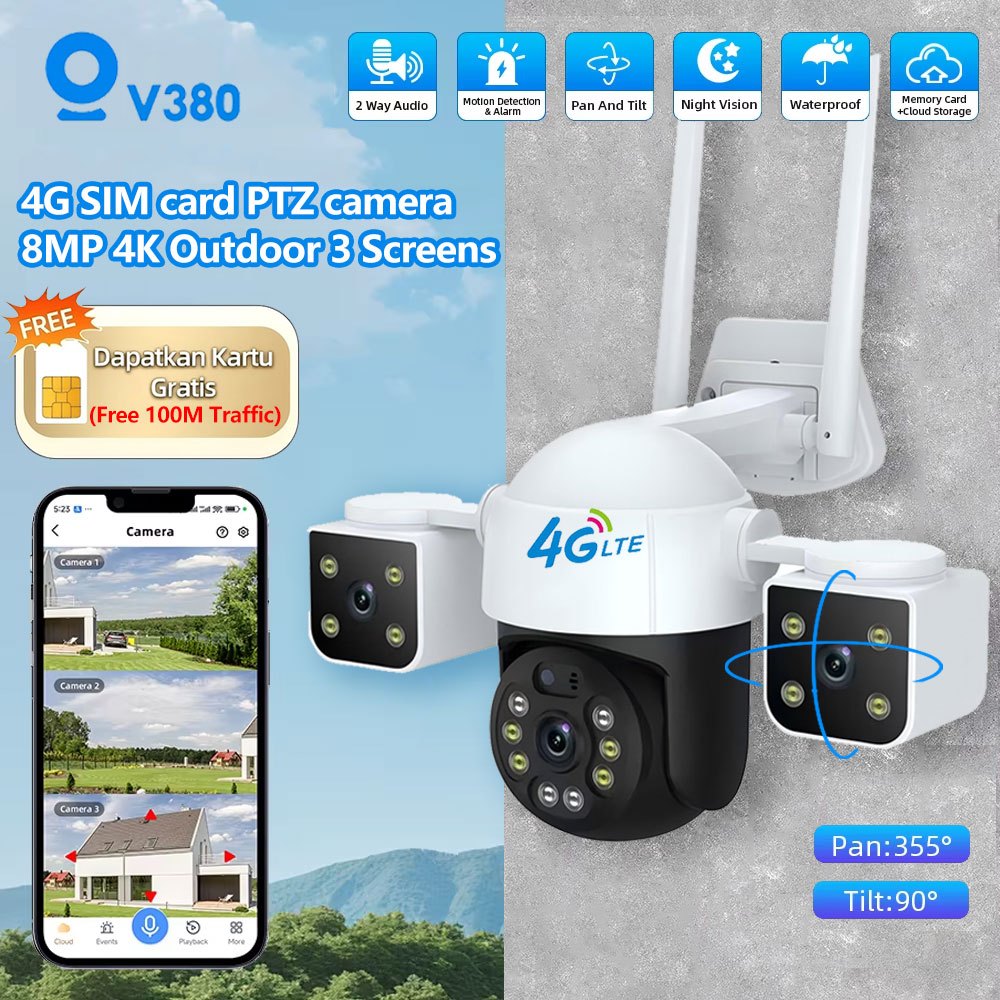 Jual V380 Pro 3 Lens PTZ CCTV WiFi/4G SIM card Connecting Cell Phone ...