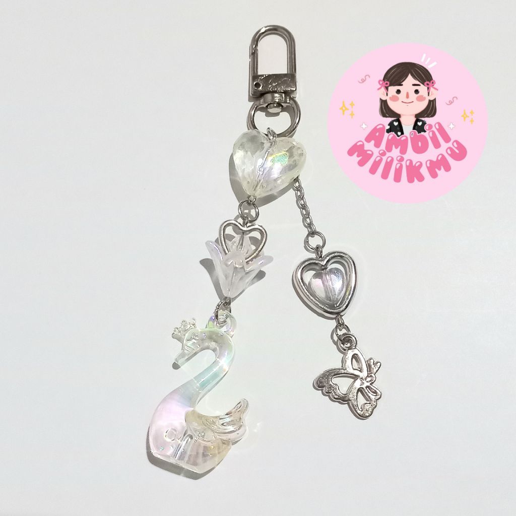 Jual luxury swan lake keychain | transparent white silver keychain bag ...