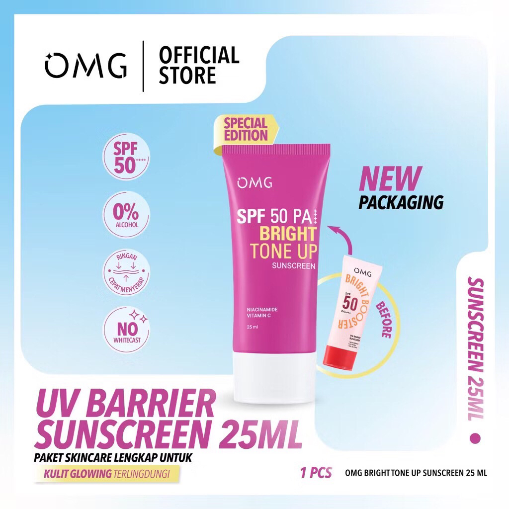Jual OMG Oh My Glow Bright Booster UV Barrier Sunscreen SPF 50 PA++++ 60ml dan 25ml | Shopee ...