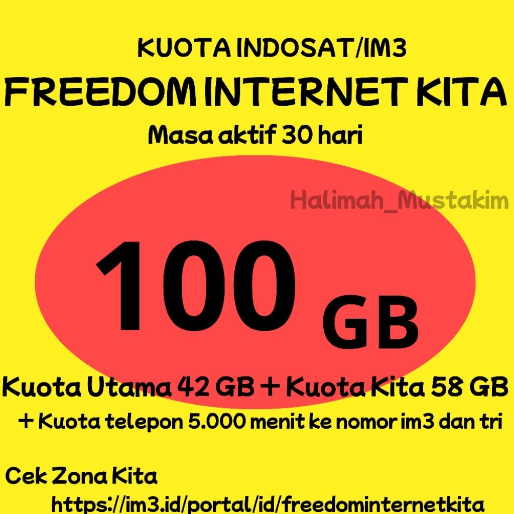 Jual Kuota / Paket data im3 / Indosat Freedom Internet Kita 100 GB ( 42 GB kuota Nasional + 52 ...