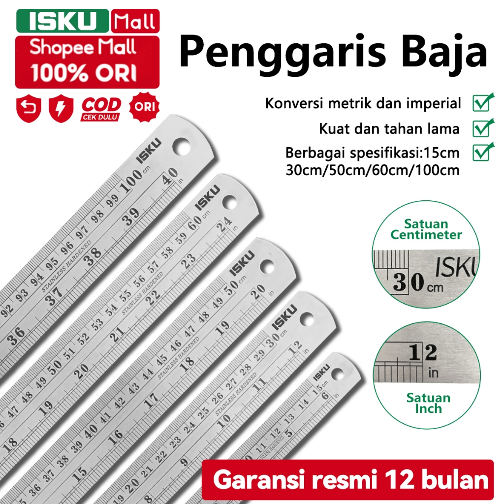 Jual ISKU Penggaris baja tahan karat Penggaris baja tahan karat 15/30/50/60/100cm Penggaris ...
