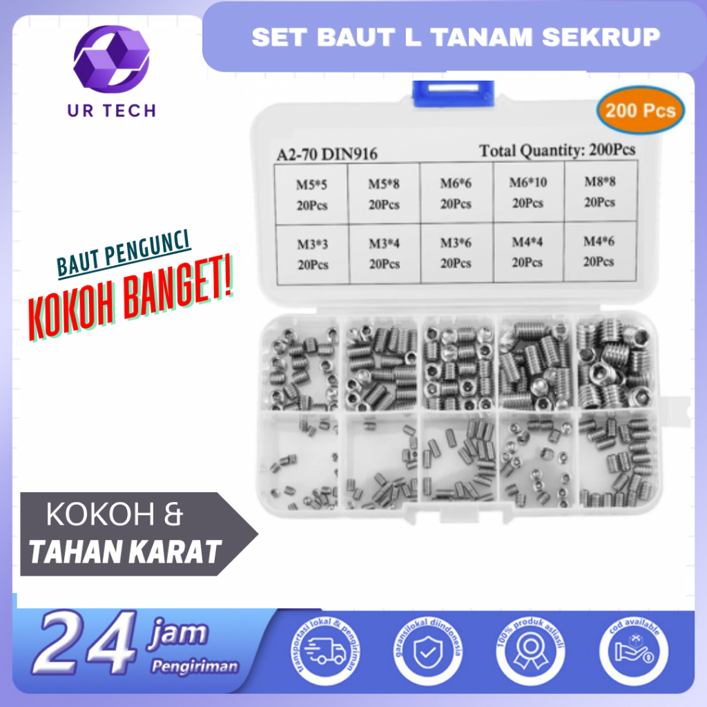 Jual Set Baut L Tanam Sekrup Soket Hex M3-M8 Headless 200 PCS - A2-70 ...