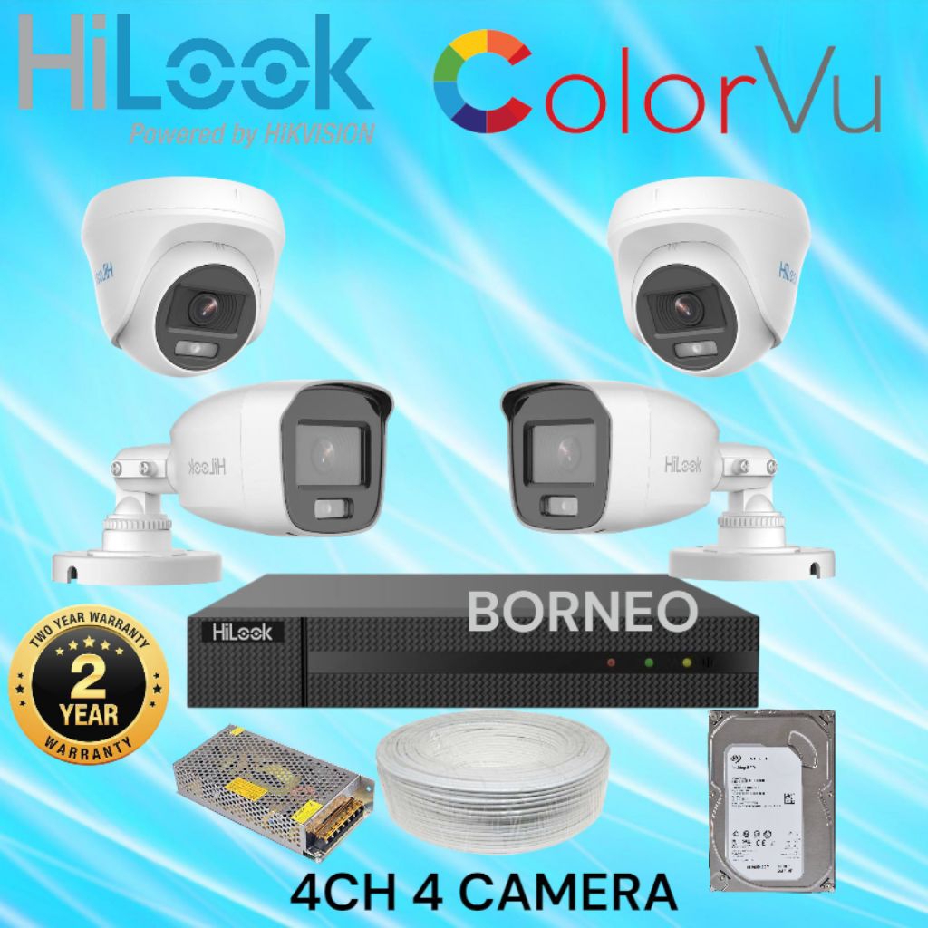 Jual PAKET CCTV HILOOK COLORVU 4 CHANNEL 4 KAMERA 2MP FULL COLOR SIANG ...