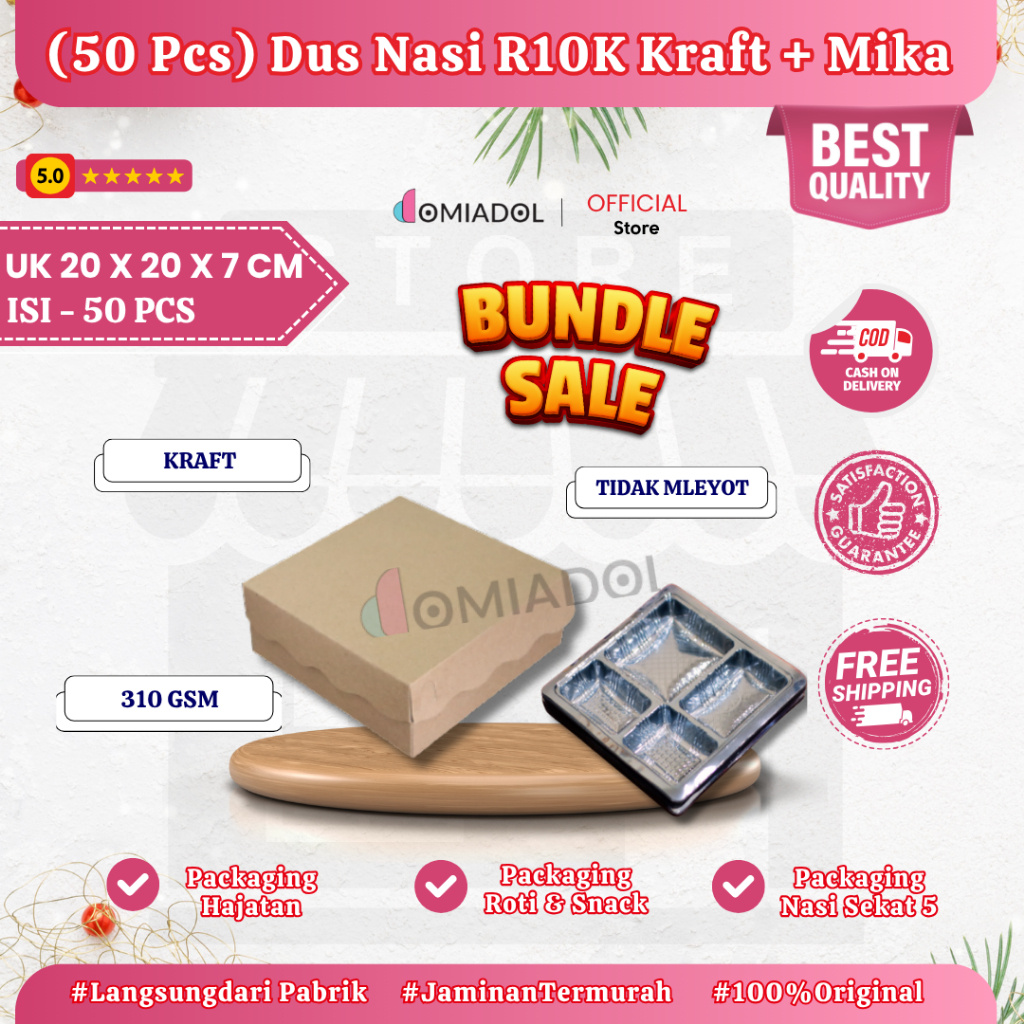 Jual (BUNDLE SALE 50 PCS) Box Dus Nasi Kotak R10K Kraft Premium 350 Gsm - Ukuran 20x20x7 + Mika ...