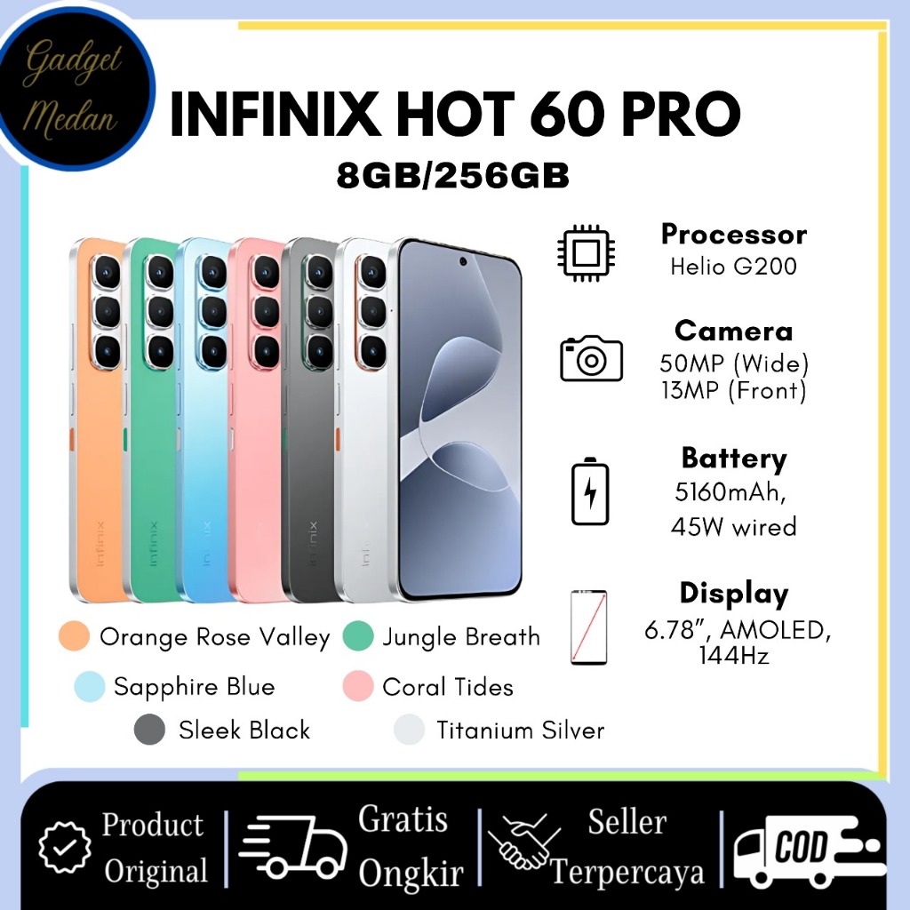 Jual INFINIX HOT 60 Pro 8GB/256GB - Helio G200 - 1.5K 144Hz Visual Bezel-Free AMOLED - Garansi ...