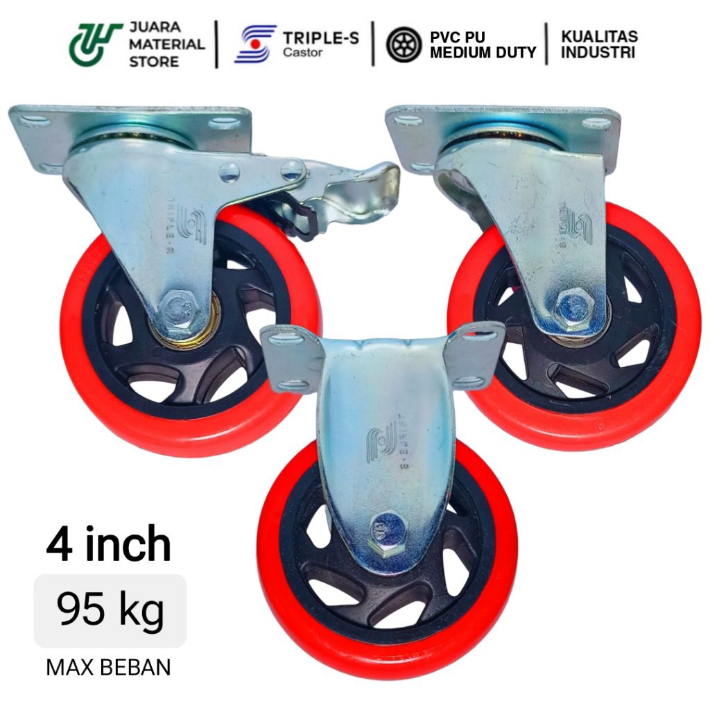 Jual Roda Troli 4 inch 100mm PVC Merah PU Double Ball Bearing Plate ...