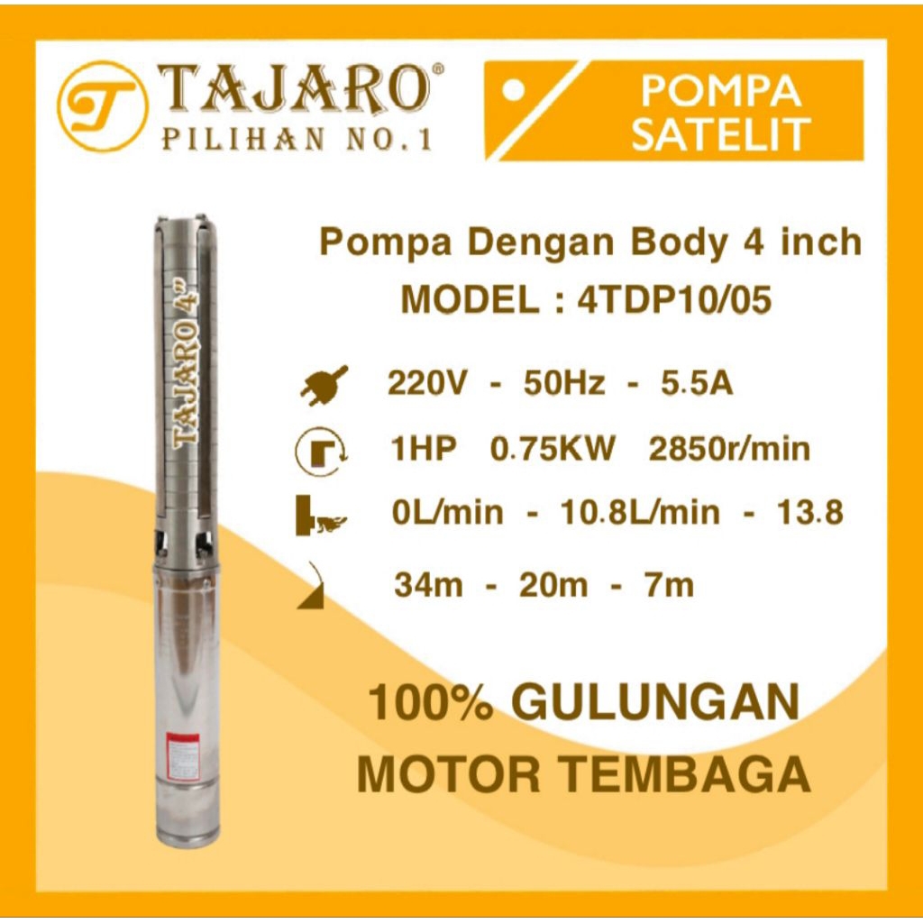 Jual Pompa Satelit Celup Submersible Tajaro 4 Inch 1HP 0.75KW 220V Full ...