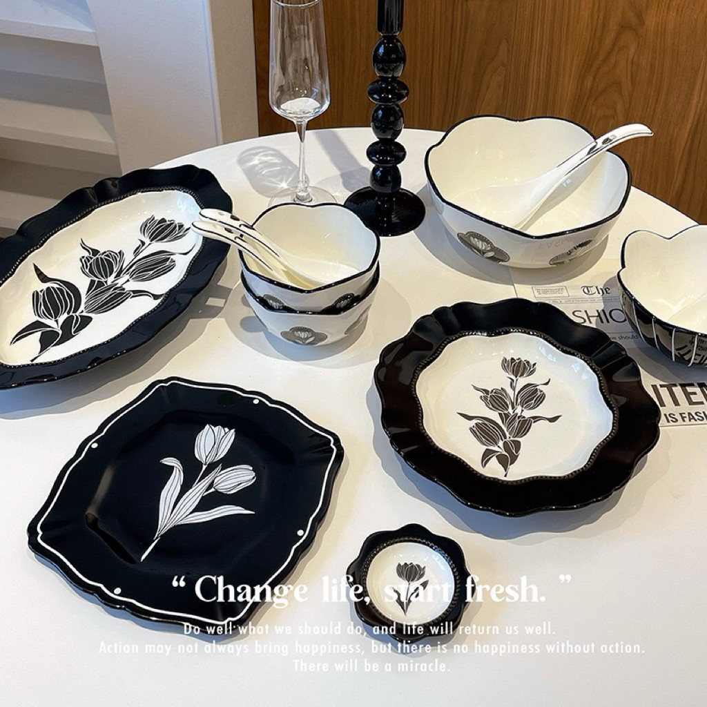 Jual PM 44 SATUAN Piring Mangkok Keramik Klasik Mewah Bunga Hitam ...