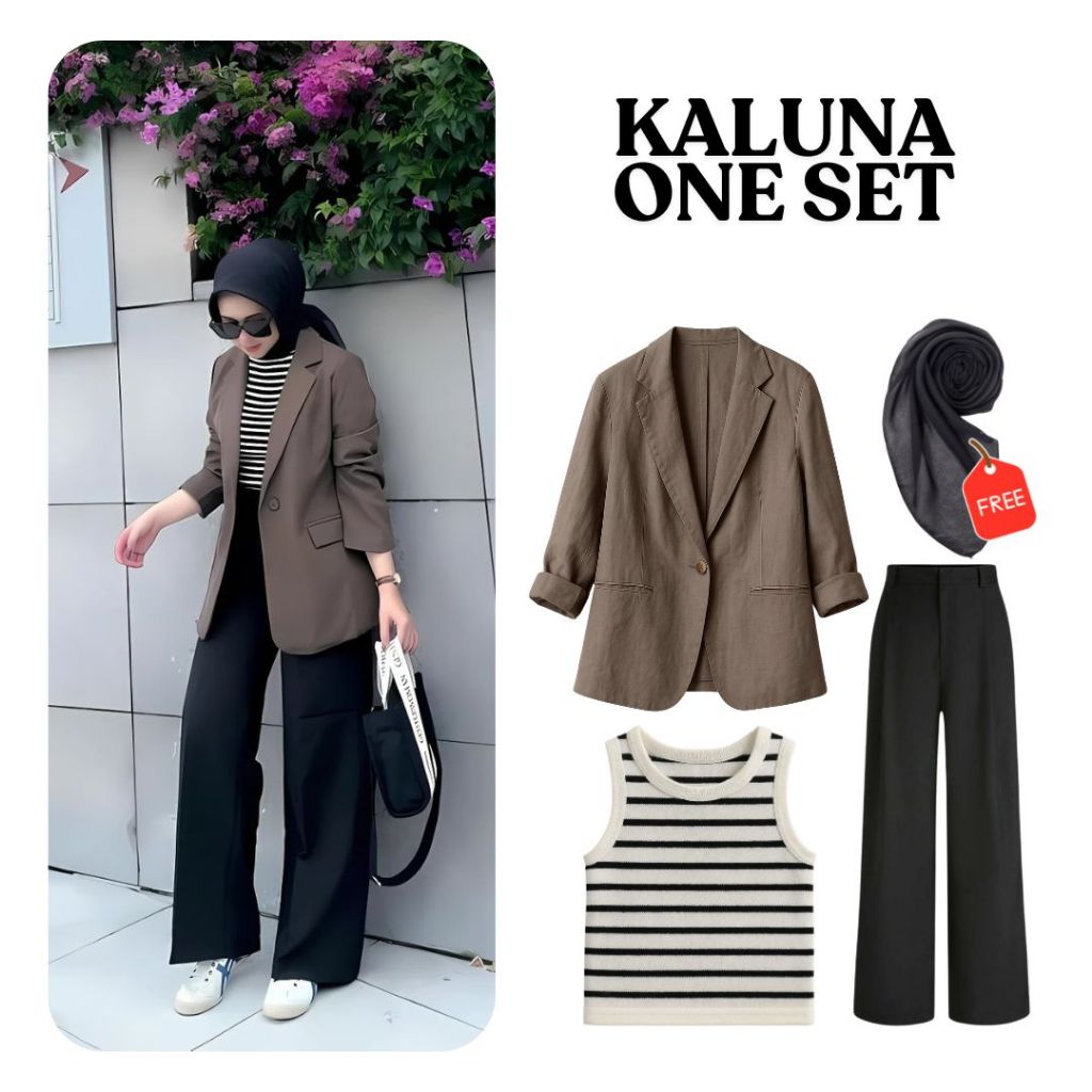 Jual One Set Kuliah Kerja | Blazer Linen Brown, Celana Kulot Hitam, Inner Stripe Hitam Putih ...