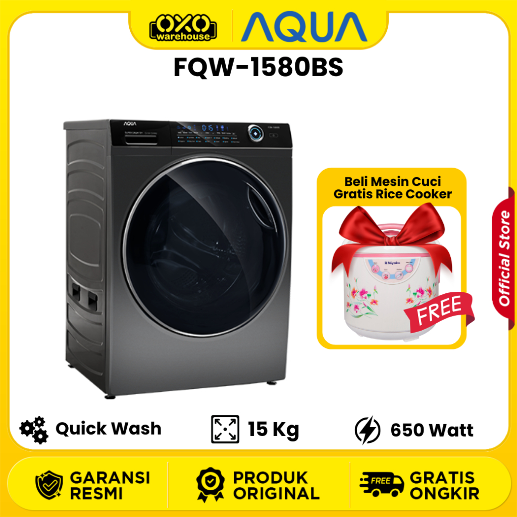 Jual [FREE GIFT] AQUA Mesin Cuci FQW-1580BS Front Loading Anti Bakteri ...