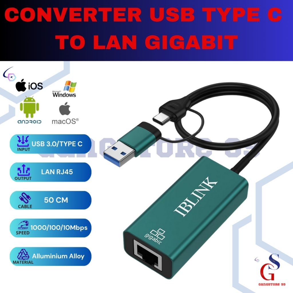 Jual USB, TYPE C TO LAN RJ45 / Ethernet Internet Adapter 2 in 1 USB-C ...
