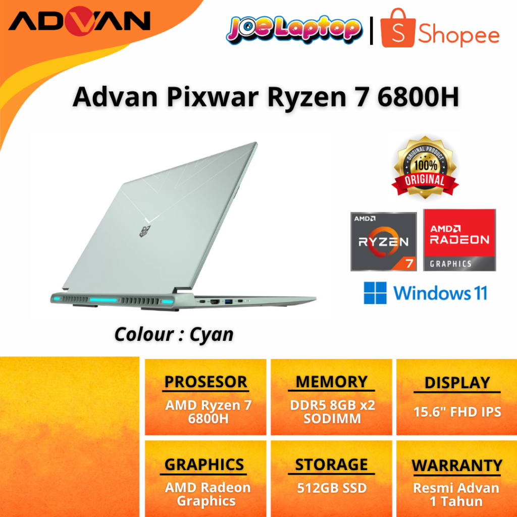 Jual Advan Pixwar Cyan Ryzen 7 6800H Win11 (15.6" FHD IPS/UMA/512GB ...