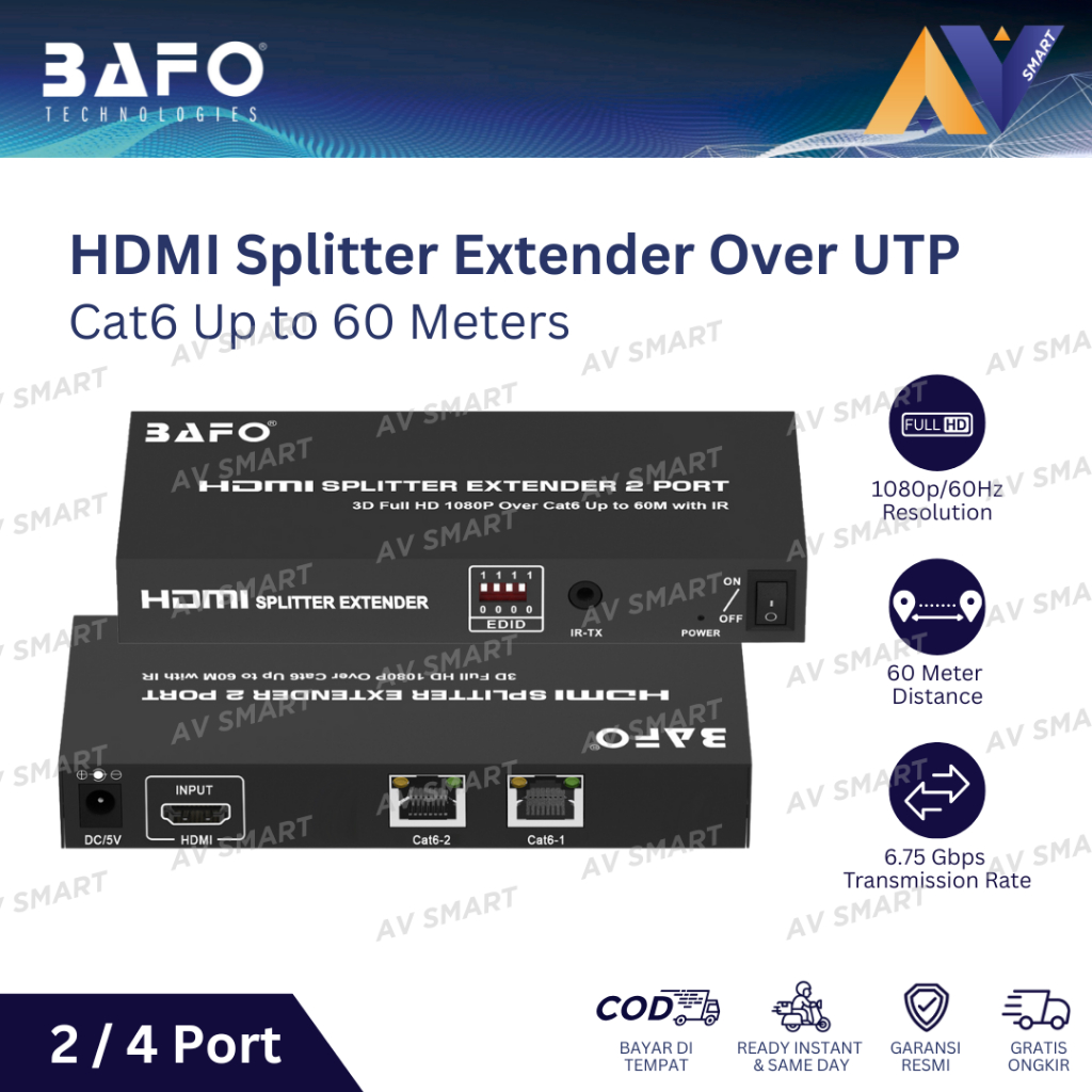 Jual BAFO HDMI Splitter Extender Over UTP Cat6 LAN Up to 60M Meter 2 / ...