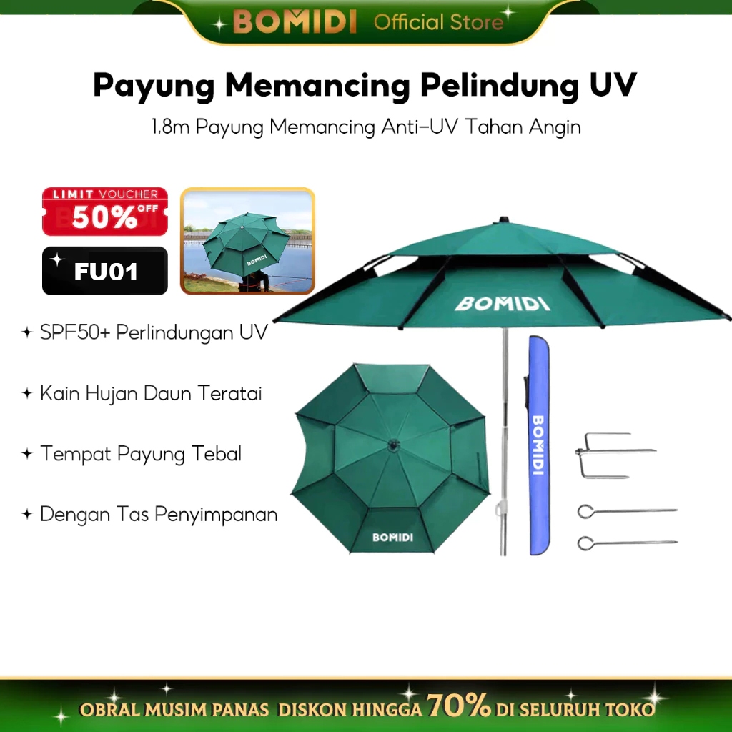 Jual BOMIDI Payung Tenda FU01 1.8m Payung Pancing Perlindungan UV Portabel Payung Tenda Teras ...