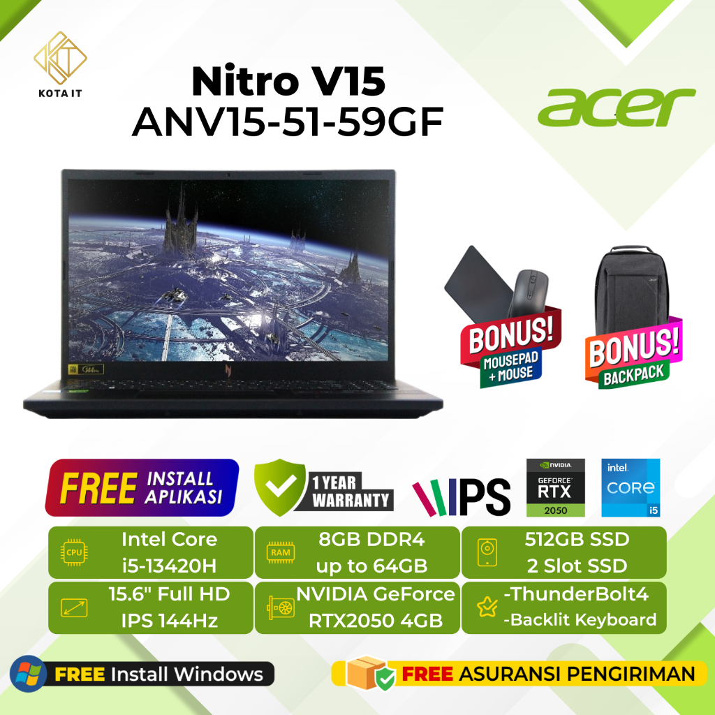 Jual LAPTOP GAMING MURAH ! Acer Nitro V15 - 59GF with Intel i5-13420H ...