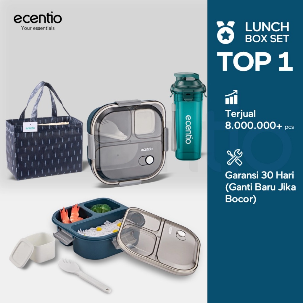Jual ecentio kotak makan anti tumpah 3 grid 1100ml /lunch box set tempat bekal makan tas bekal ...
