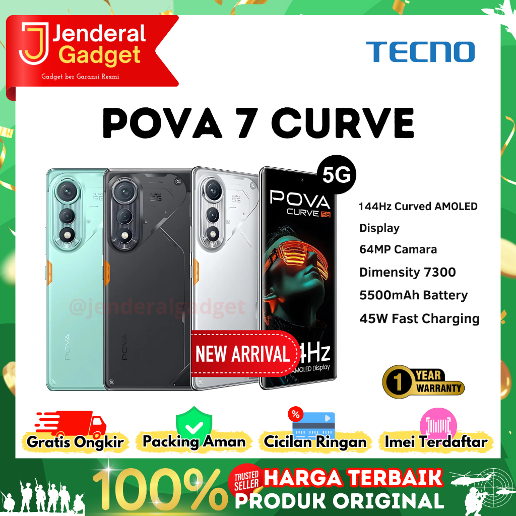 Jual Tecno Pova 7 Curve 5G 8/256GB NFC Garansi Resmi [ Free thumbler ...