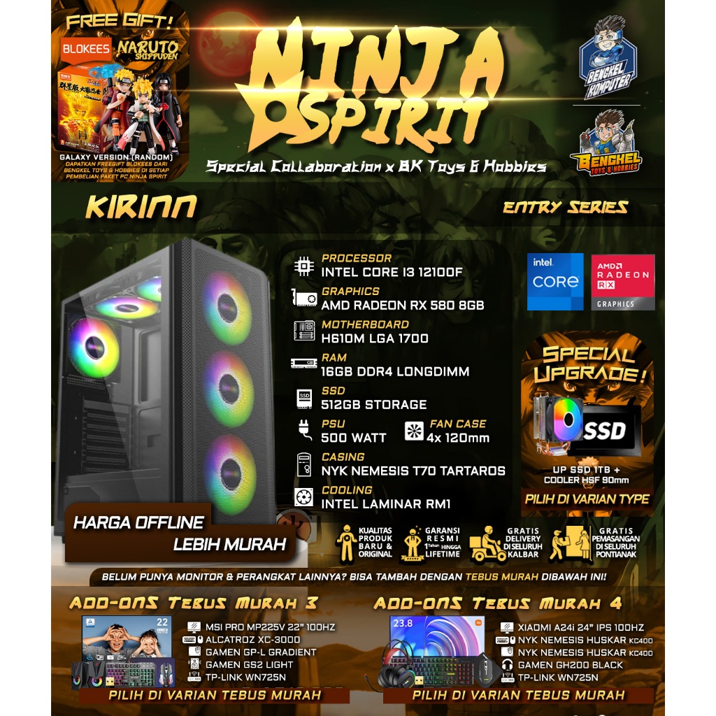Jual NINJA SPIRIT PC ~ KIRINN | INTEL CORE i3 12100F - RADEON RX 580 8GB | GAMING FULLSET ...