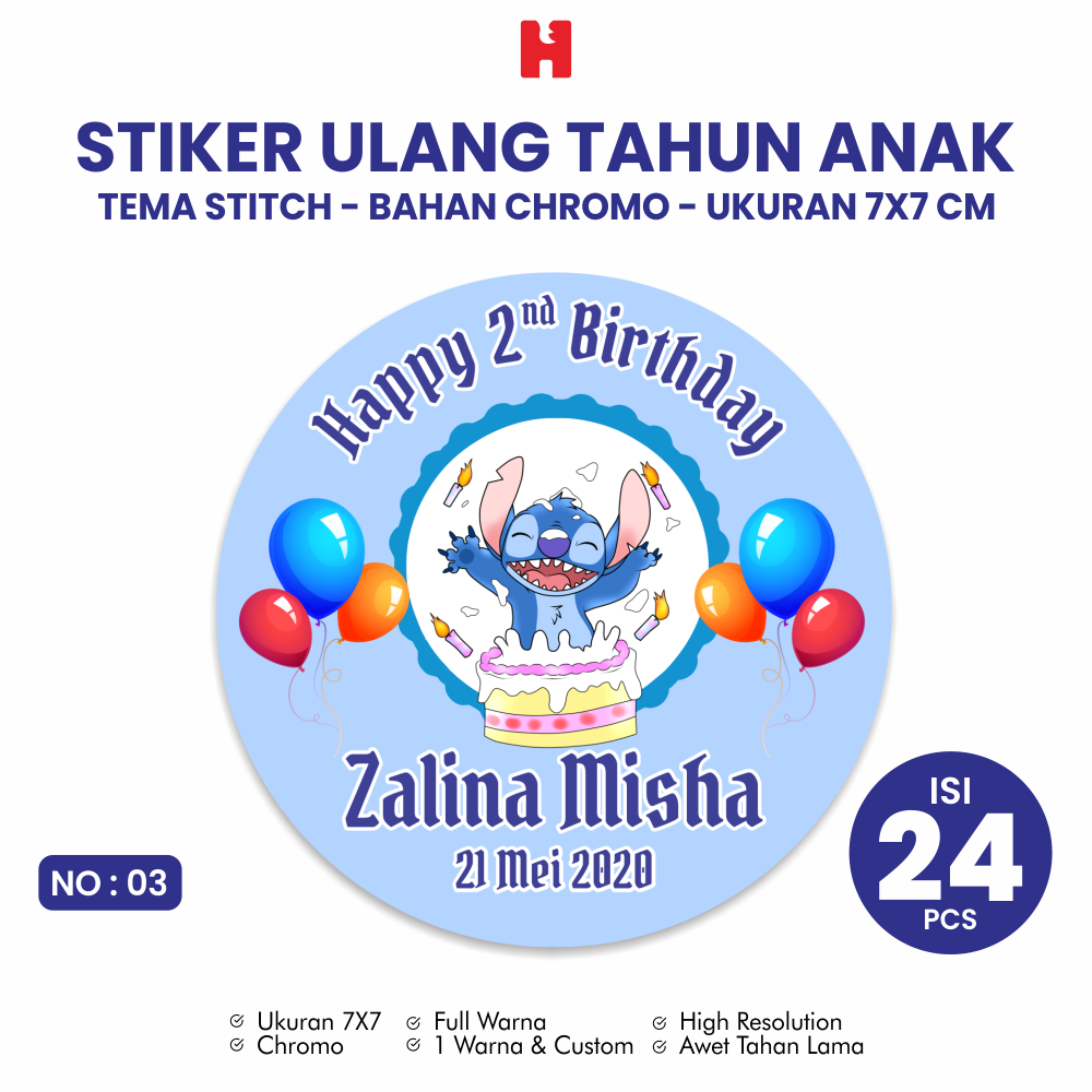 Jual Stiker Ulang Tahun Anak Tema Stitch Ukuran 7x7 CM Bulat - Isi 24 ...