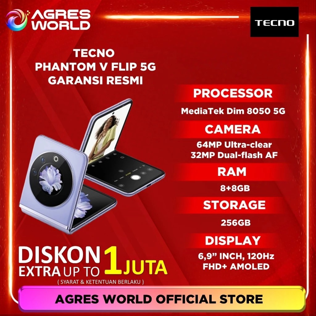Jual Tecno Phantom V Flip 5G 8+8/256 Gb | MTK Dimensity 8050 5G (6nm ...