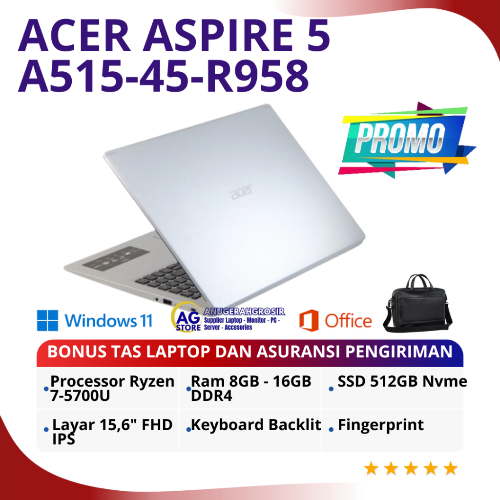 Jual Laptop Ryzen 7 Acer Aspire 5 A515 - R958 Ram 16gb SSD 512GB 15.6" FHD IPS Windows 11 ...