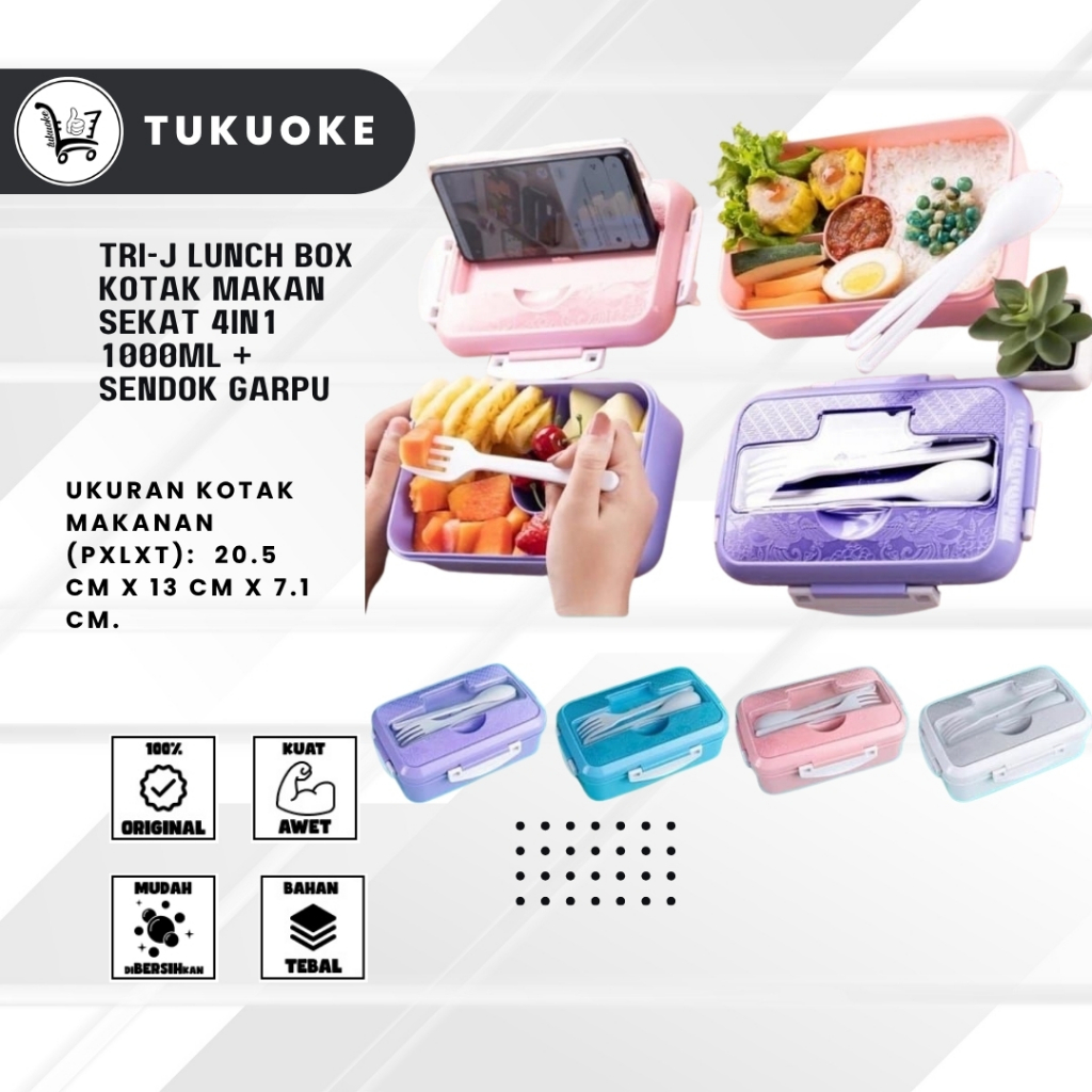 Jual Tri-J Lunch Box Kotak Makan Sekat 4in1 1000ML + Sendok Garpu (Tempat Makan Wadah Bekal ...