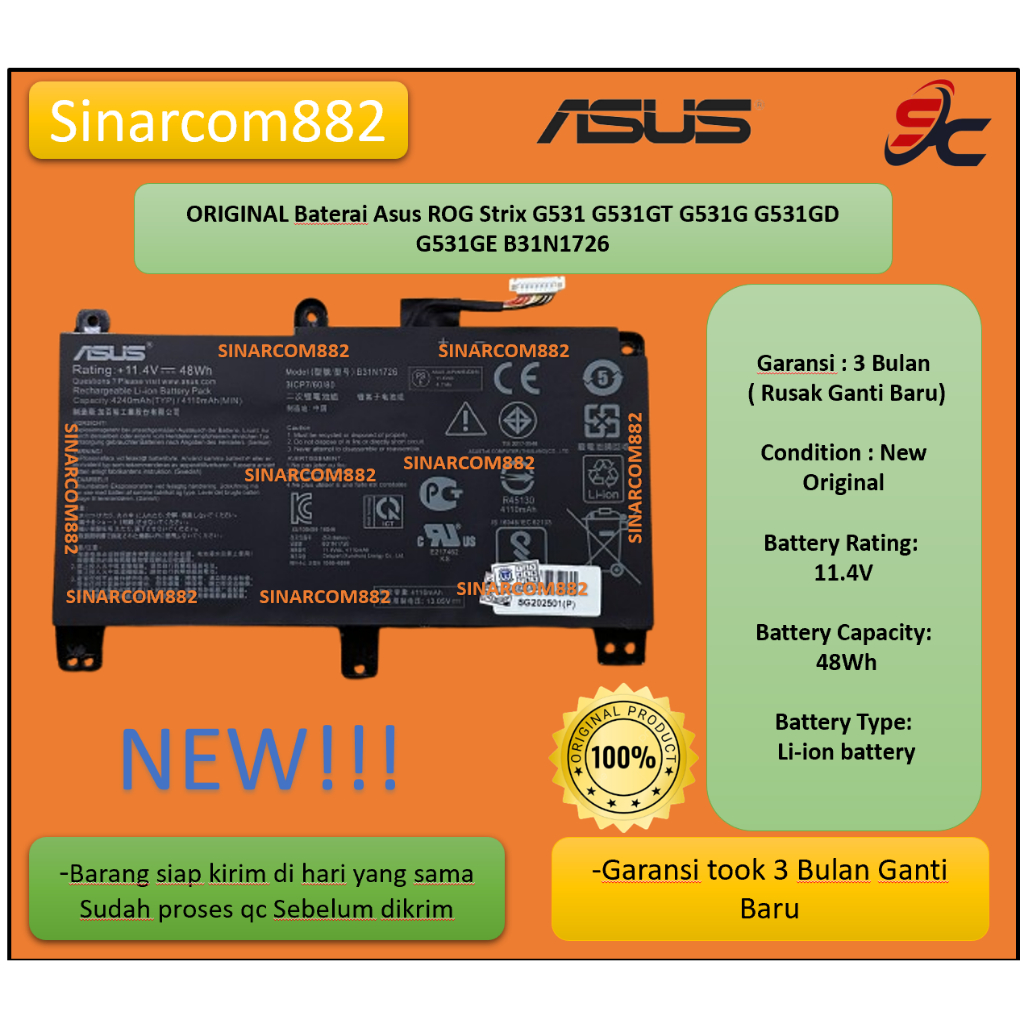 Jual ORIGINAL Baterai Asus ROG Strix G531 G531GT G531G G531GD G531GE B31N1726 | Shopee Indonesia