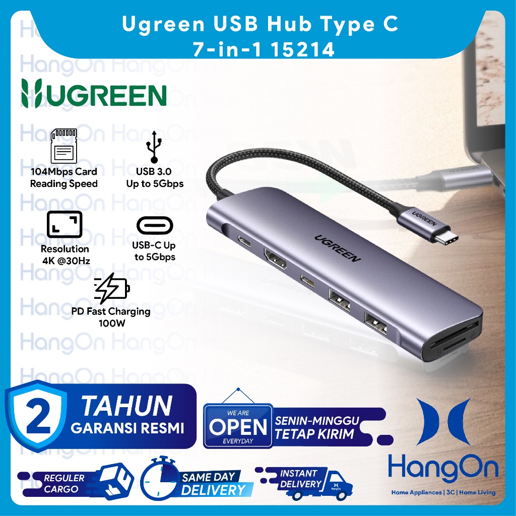 Jual Ugreen 15214 USB Hub Adapter 7-in-1 Type C to USB-A With 4K HDMI Port SD/TF Memory Card ...