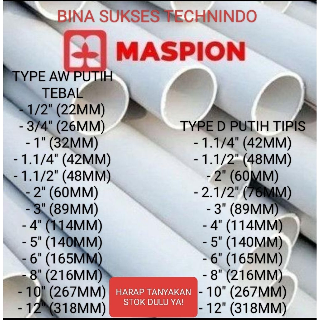 Jual MASPION PIPA TYPE AW PUTIH TEBAL PVC PANJANG 6 METER 3" 4" 5" 6 ...