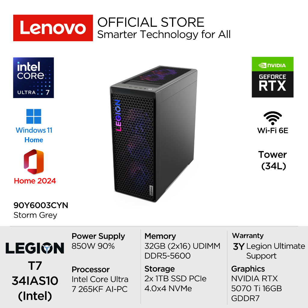 Jual Lenovo PC Legion T7 34IAS10 3CYN Intel Core Ultra 7 265KF Win11 ...