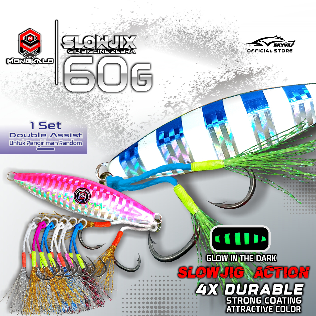 Jual Metal Jigging 60 Gram + Double Assist Hook Umpan UV GID Fosfor Mongkalo SLOWJIX | Shopee ...