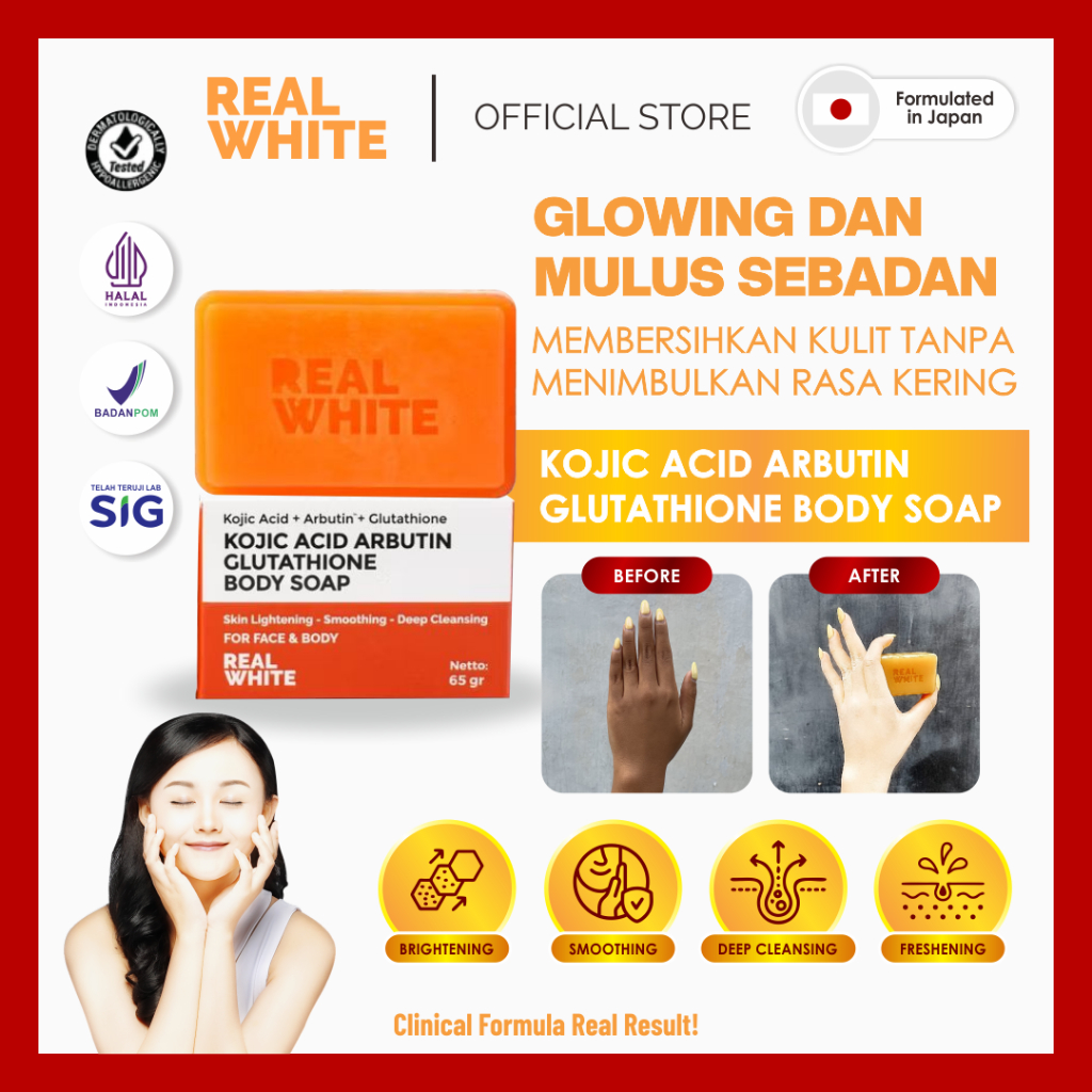 Jual 𝐑𝐄𝐀𝐋 𝐖𝐇𝐈𝐓𝐄 Sabun Pemutih Kojic Acid Arbutin Glutathione Brightening Soap Bar Untuk Wajah ...