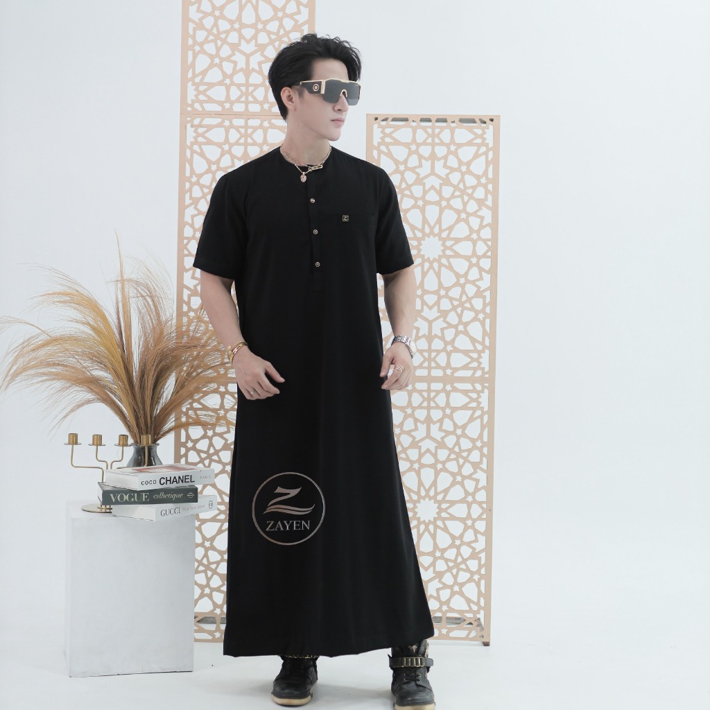 Jual Jubah Gamis Pria Slimfit Lengan pendek jubah zayen hitam jubah ...
