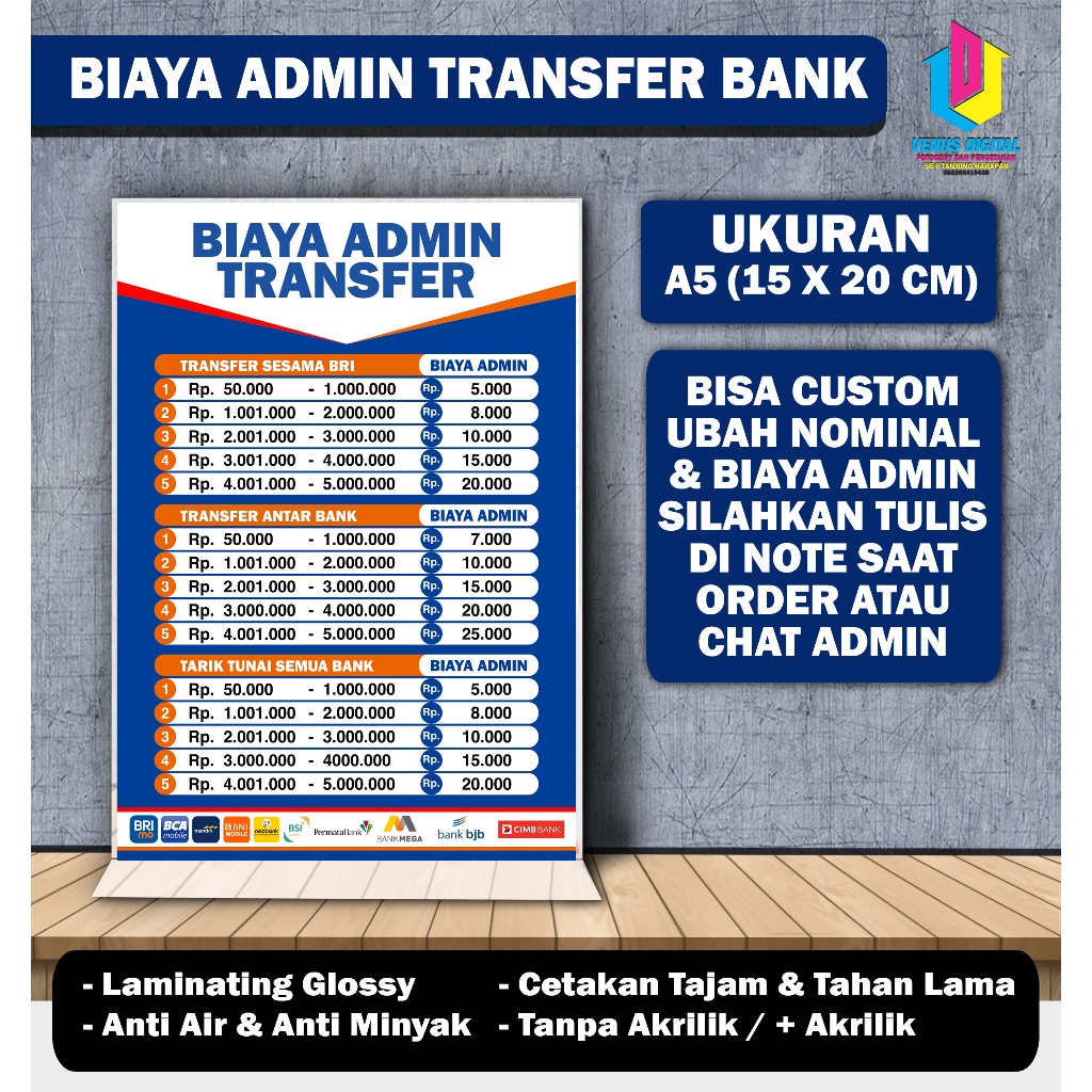 Jual POSTER BROSUR ADMIN BIAYA TRANSFER BANK CUSTOM + STAND AKRILIK A5 ...