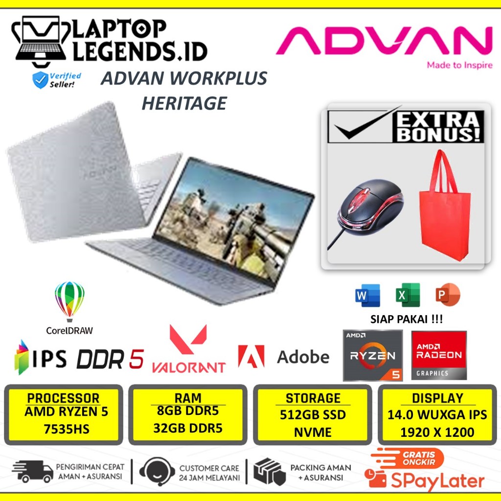 Jual Laptop Advan Workplus Heritage 14 Ryzen 5 7535HS 32GB 512GB SSD 14 ...