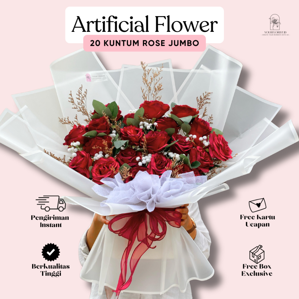 Jual Buket Bunga Mawar Artificial Ready Stock Instant Jumbo 20 Kuntum ...