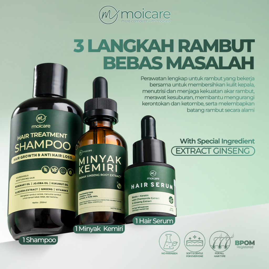 Jual Moicare Hair Care 3 Paket Hair Serum + Shampoo + Minyak Kemiri ...