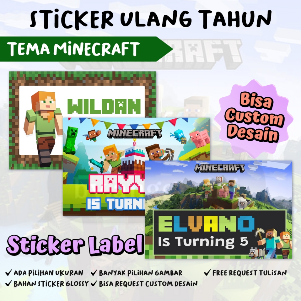 Jual Sticker Ulang Tahun Tema Mine craft - Stiker Label Kotak Nasi ...
