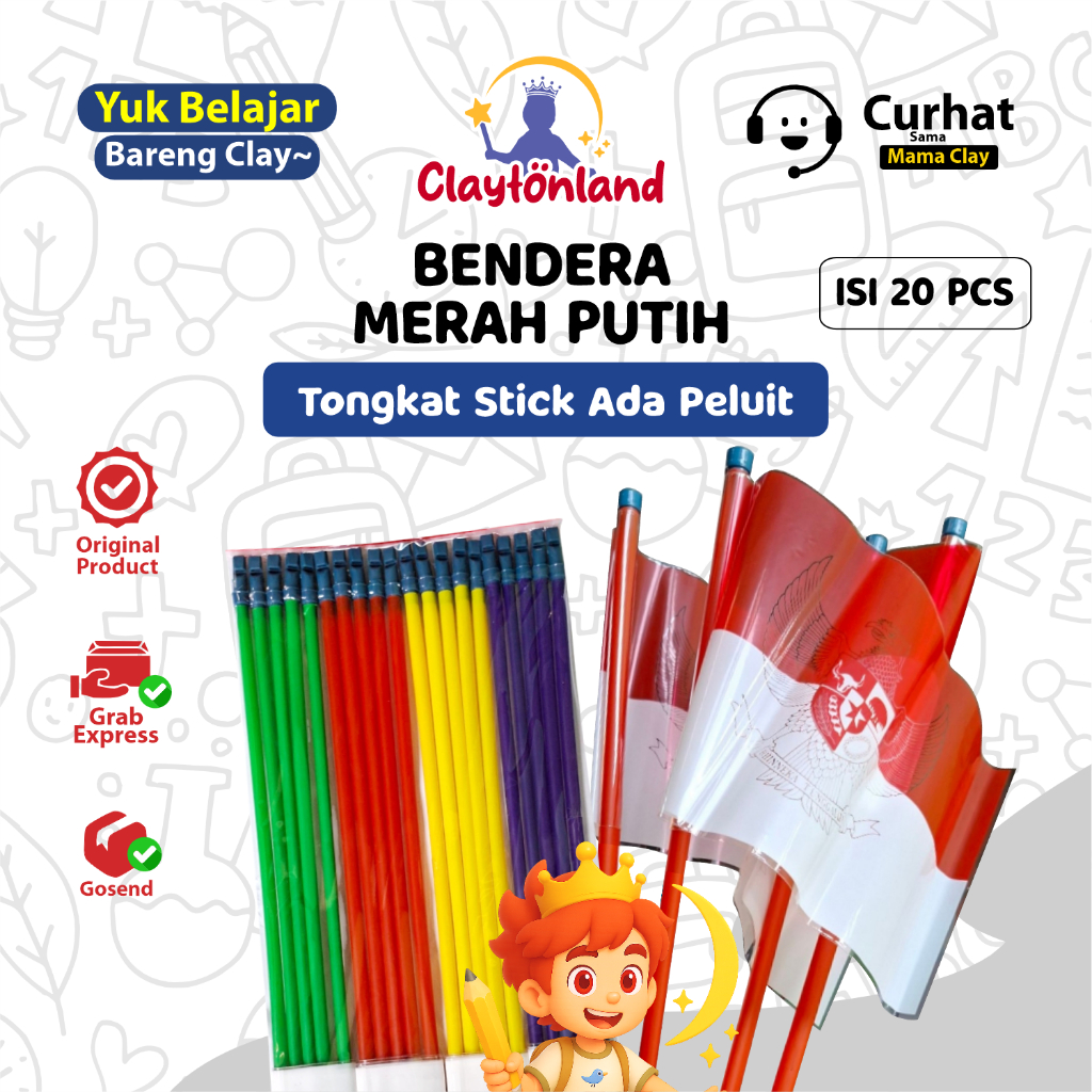 Jual ISI 20 PCS Bendera Merah Putih + Tongkat Stick Ada Peluit / 1 PACK ...